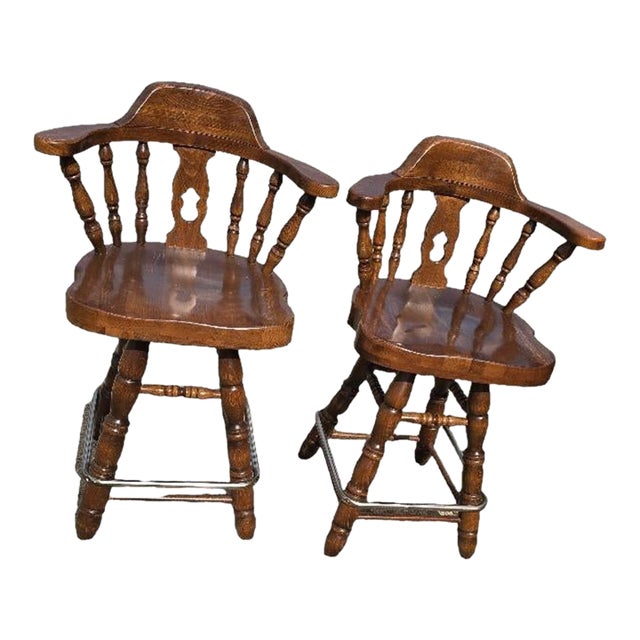 Mid 20th Century Vintage Swivel Old Tavern Wood Bar Stools - Pair of 2 ...
