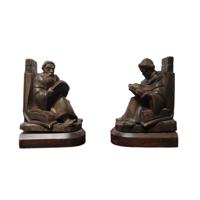 Early 20th Century Hand Carved Monks Reading the Bible Bookends - Set ...