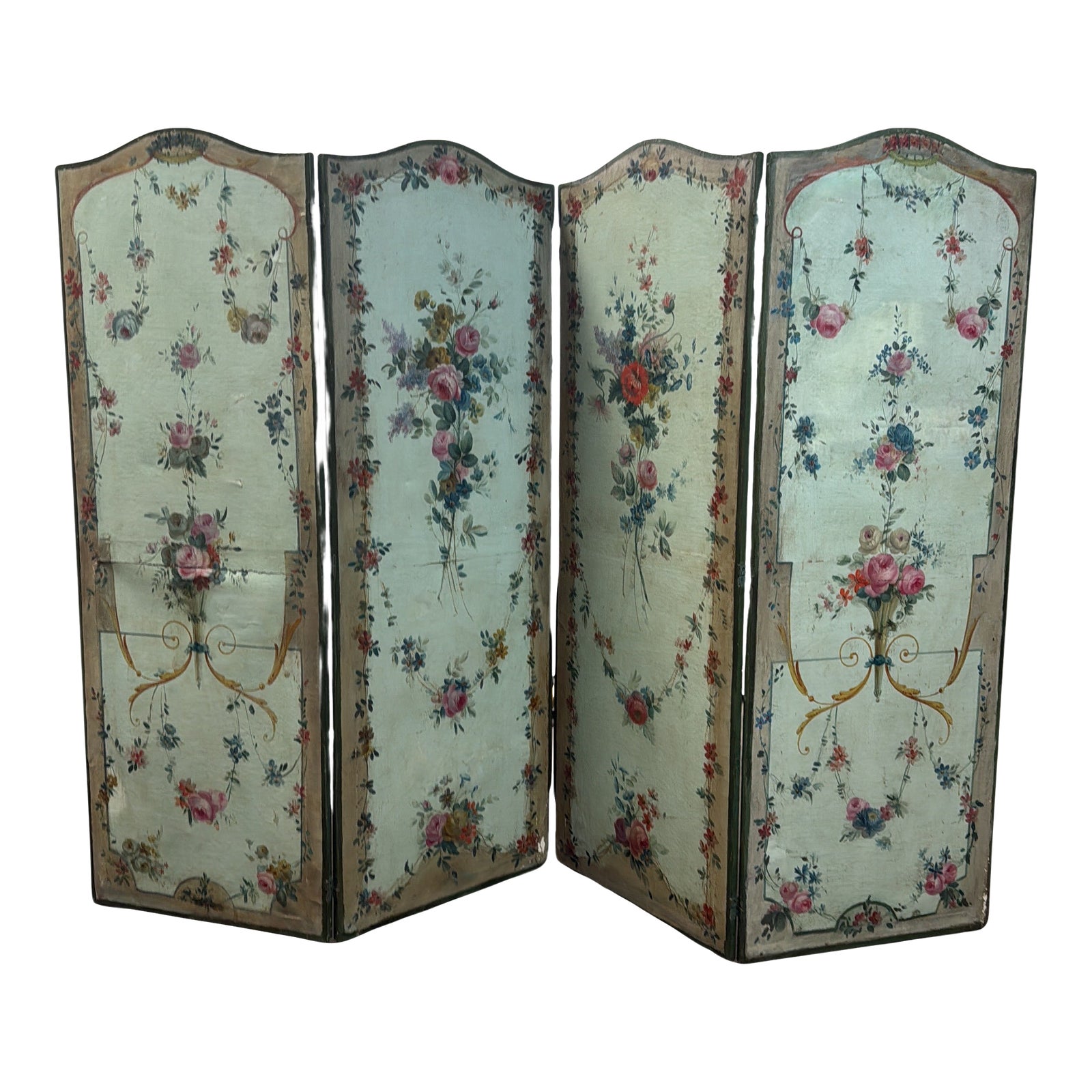 Antique Hand-Painted 4 Paneled Screen | Chairish