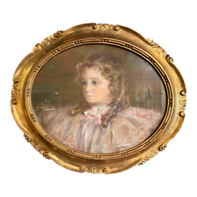 Late 19th Century French Pastel Portrait of Young Girl in Oval Gilt Frame | Chairish