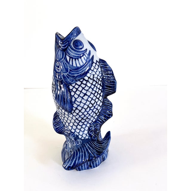Blue and White Ceramic Gurgling Fish Vase | Chairish