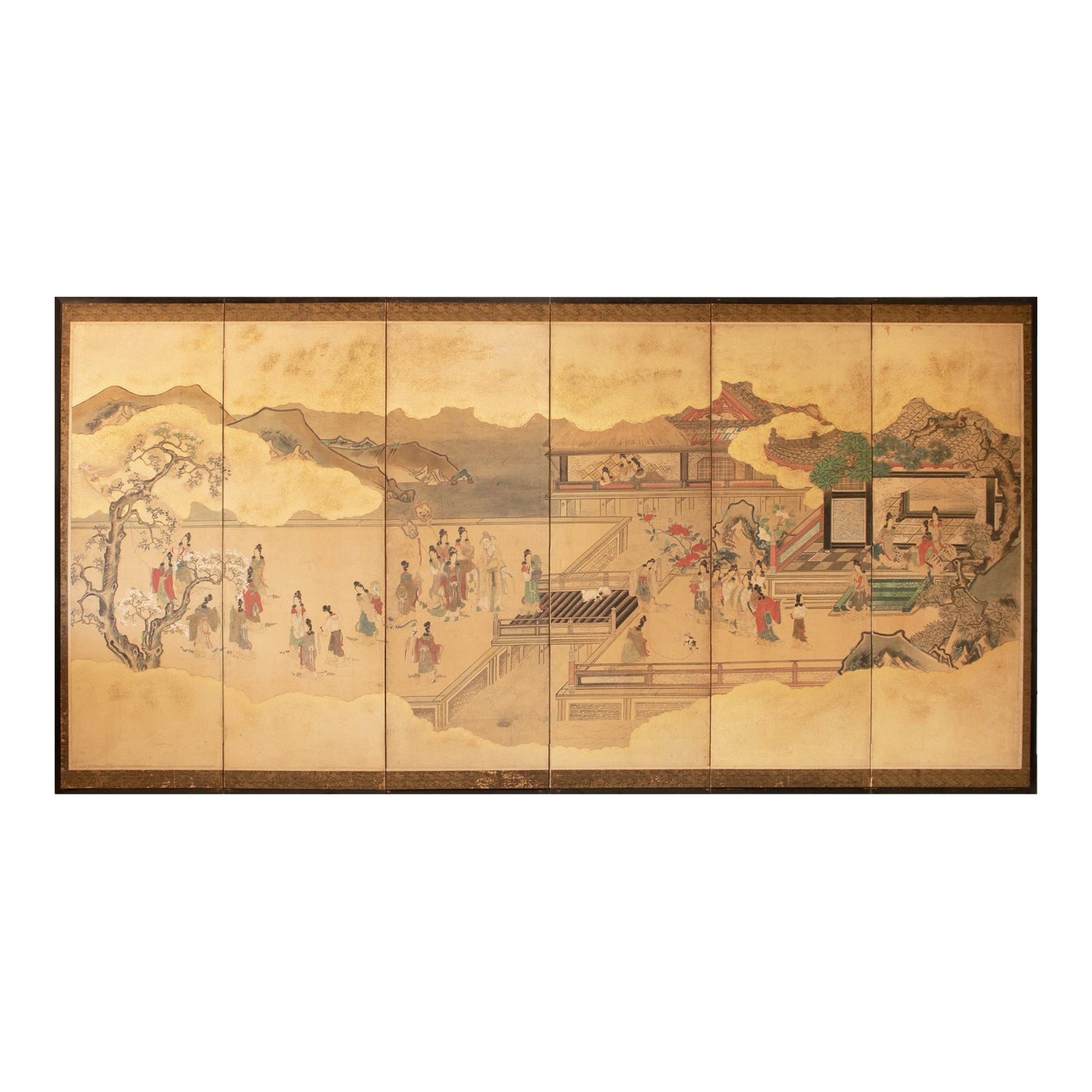 Meiji Era XL Japanese Yamato-E Style 6-Panel Byobu Screen "Chinese ...