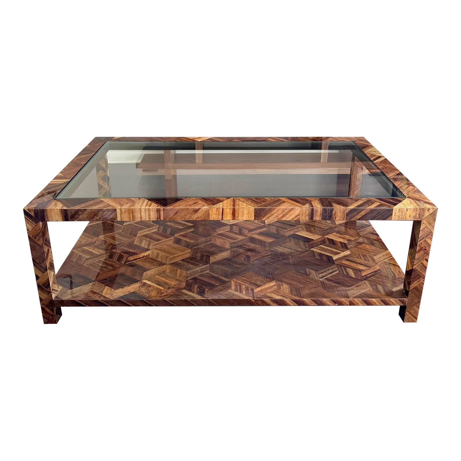 Modern Geometric Pattern Glass Top Brindley Coffee Table With Decor Shelf and Banana Bark Inlay ...