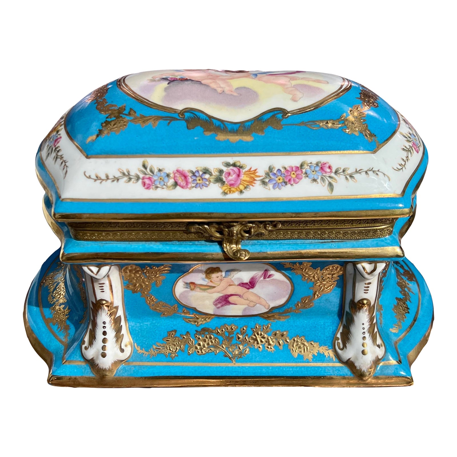 Vintage Cherub Angels Blue and Gold Sevres Porcelain Box | Chairish