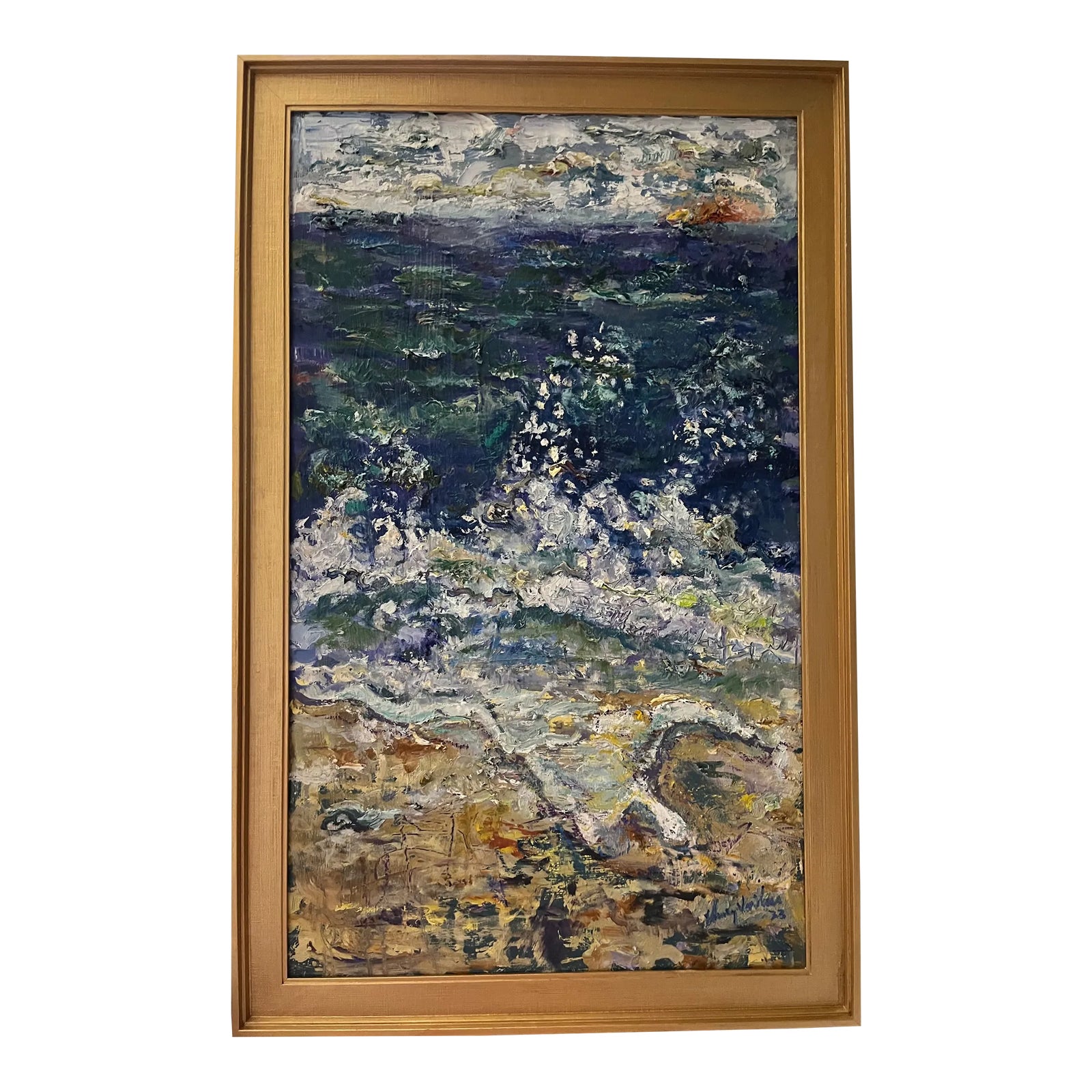 Original Expressionist, Beach Seascape, Abstract Oil Painting, Gold ...
