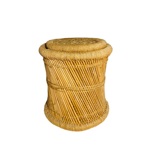 1970s Mid-Century Modern Spiral Cane & Woven Sisal Nesting Stools, Set ...