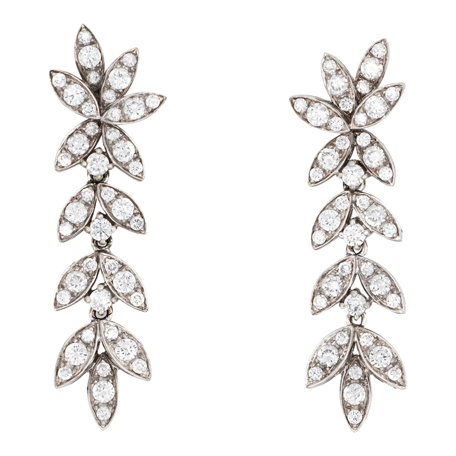 Vintage Diamond 18k White Gold Foliate Fringe Drop Earrings - 2 Pieces ...