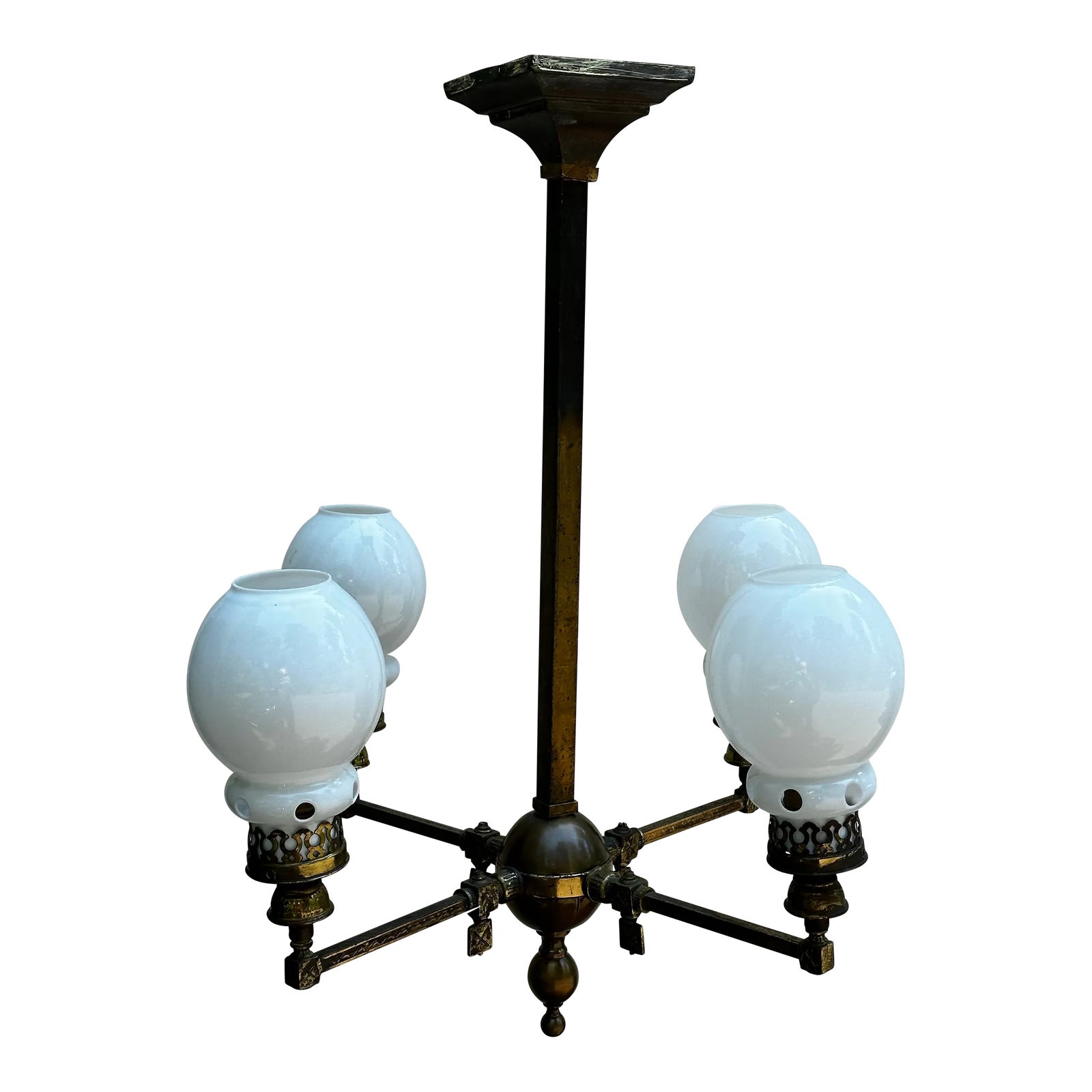 Vintage Four Arm Brass Gas Fixture With Vintage Shades | Chairish