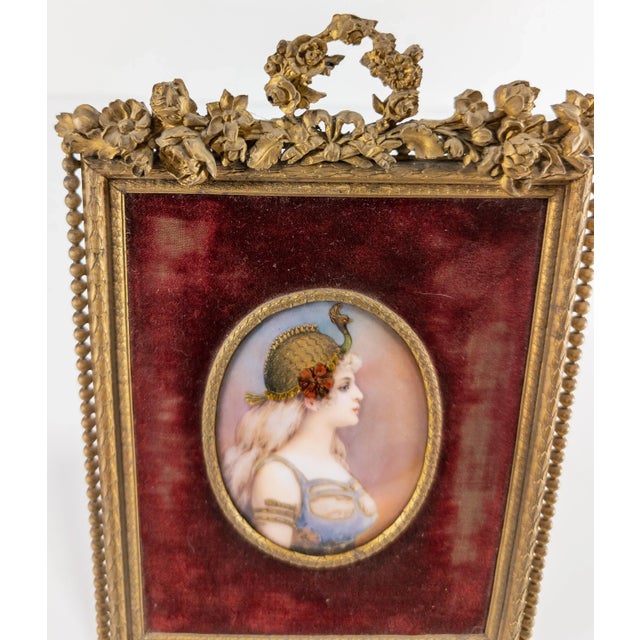 Early 20th Century French Limoges Enamel Portrait of a Beautiful Woman in Gilt Bronze Frame ...