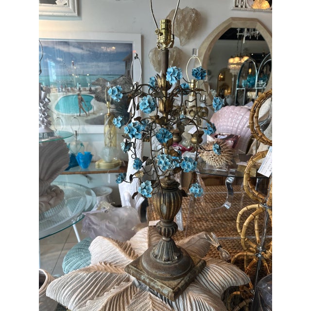 Vintage Metal Italian Tole & Porcelain Blue Hydrangea Table Lamp Newly ...