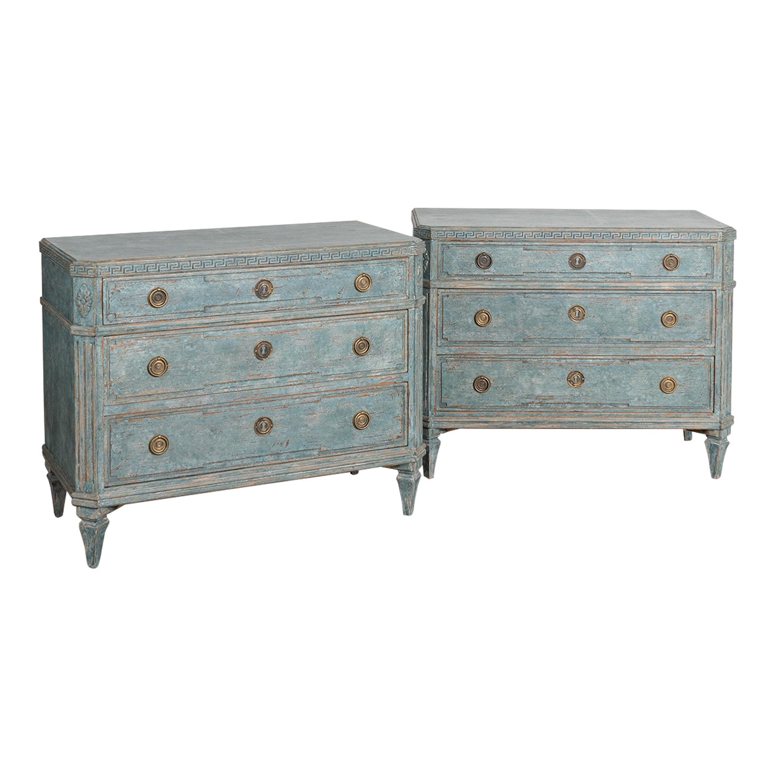 Pair, Blue Painted Gustavian Chest of Three Drawers, Sweden Circa 1860 ...