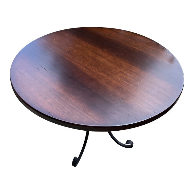 Arhaus Wood Round Dining Table Arabesque Wrought Iron Base | Chairish