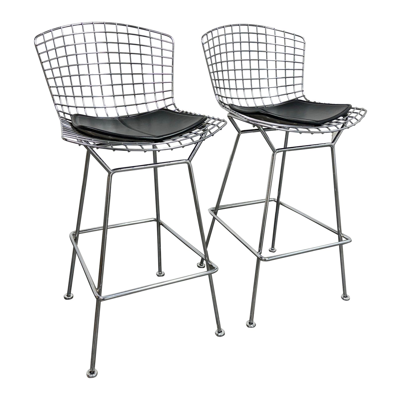 Knoll Studios Harry Bertoia Wire Bar Stools + Black Leather Pads, Pair ...