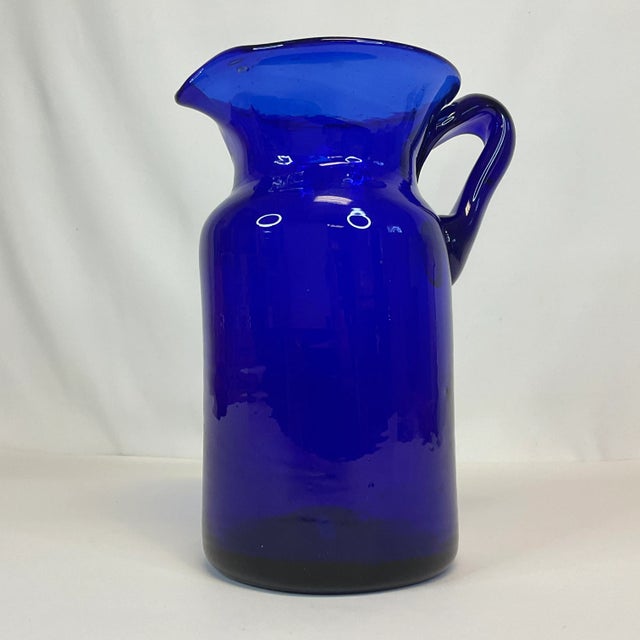 1940s Vintage Art Deco Hand Blown Glass Pitcher in Cobalt Blue. | Chairish