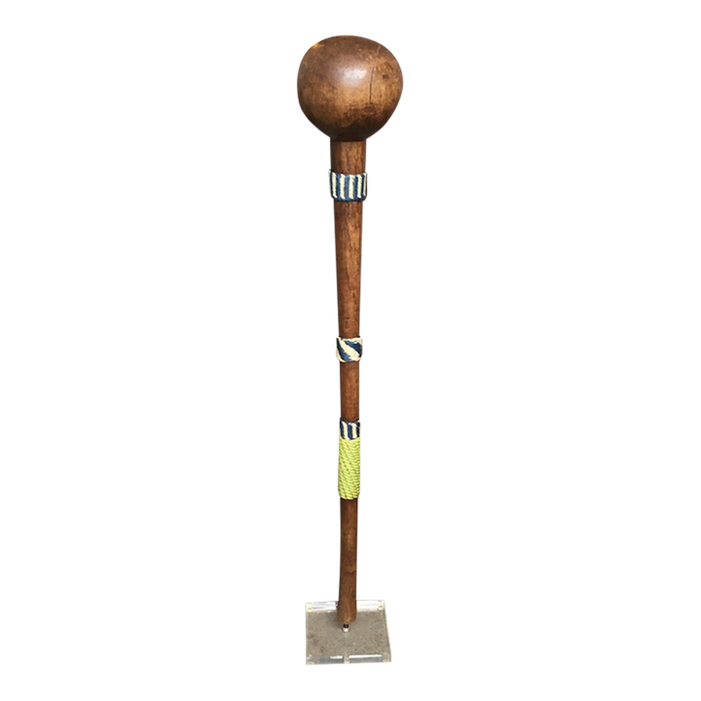 Hand Carved and Wrapped Wooden Club/ Baton on Lucite Stand | Chairish
