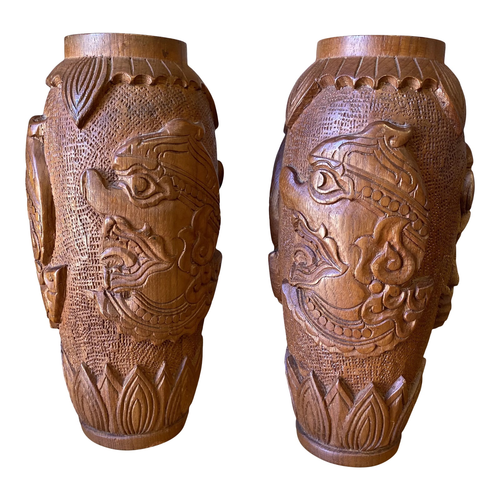 1970s Asian Wooden Hand Carved Vases - a Pair | Chairish