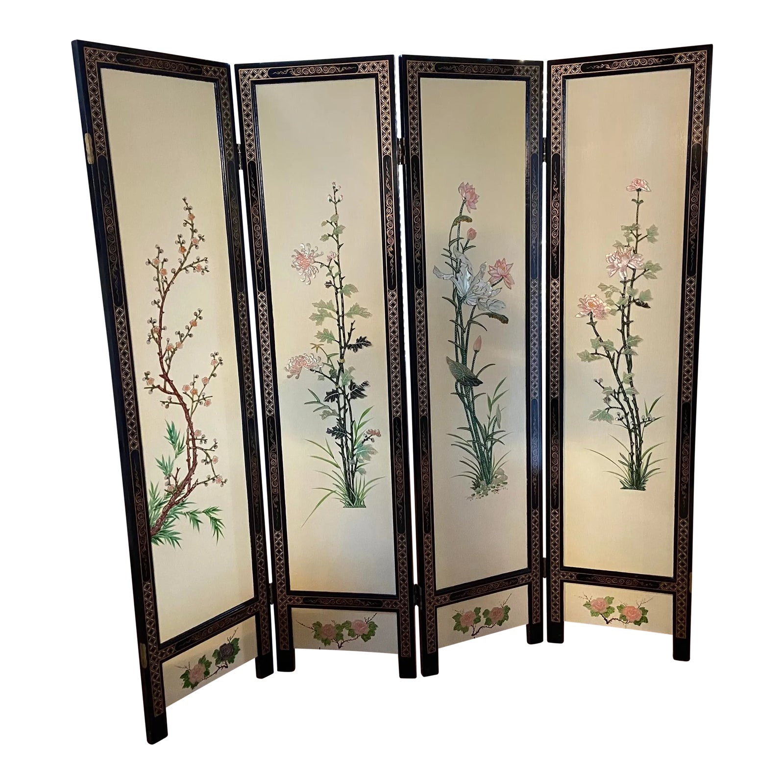 1970s Asian Screen 4-Panel Room Divider Decorated Screen | Chairish