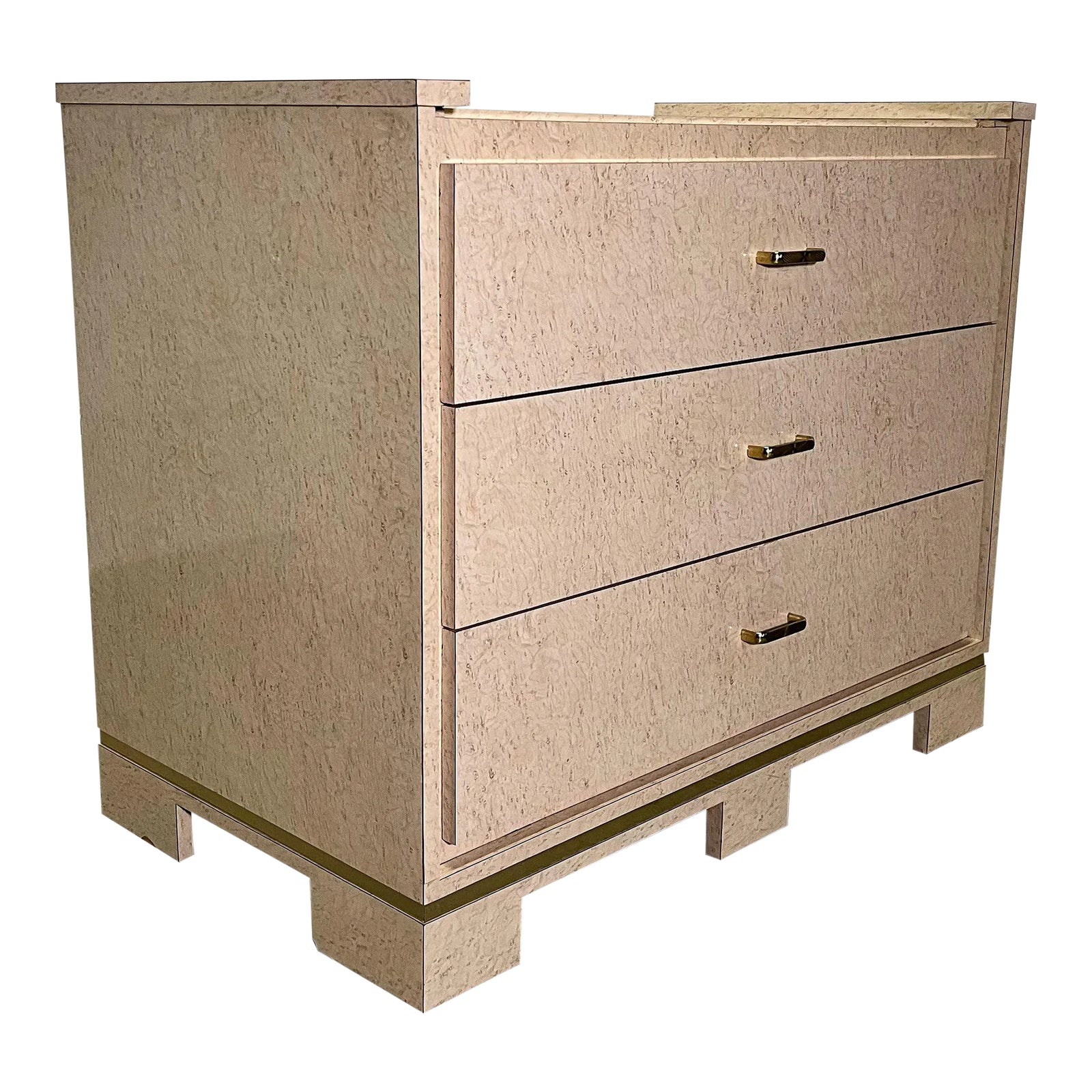 1980's Karl Springer Style Faux Burl and Brass 3 Drawer Chest | Chairish