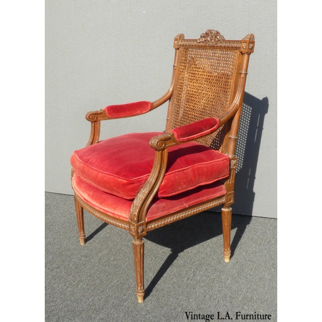 Vintage Carved Mahogany & Cane Red Velvet Arm Chair | Chairish