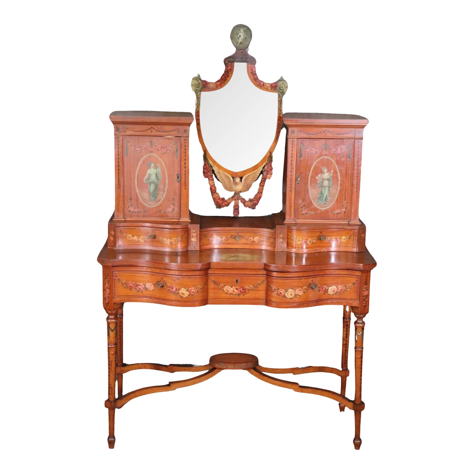 Gillow & Co Satinwood Paint Decorated Ladies Vanity Circa 1890s | Chairish