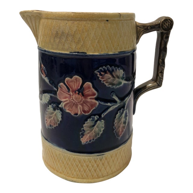 Antique Blue and Yellow Majolica Pitcher | Chairish