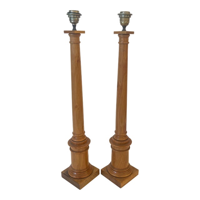 Pair of 1980s Wooden Column Table Lamps Labeled Fornasetti | Chairish