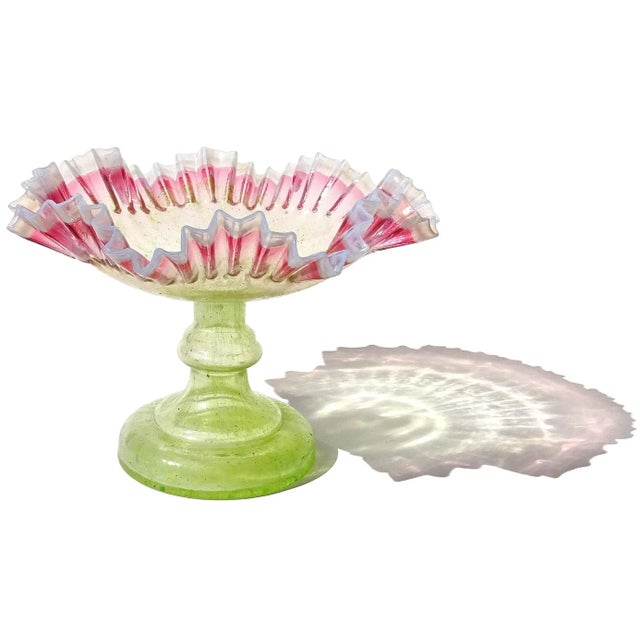 Antique Victorian Era Green Pink White Opalescent Crimped Rim Footed ...