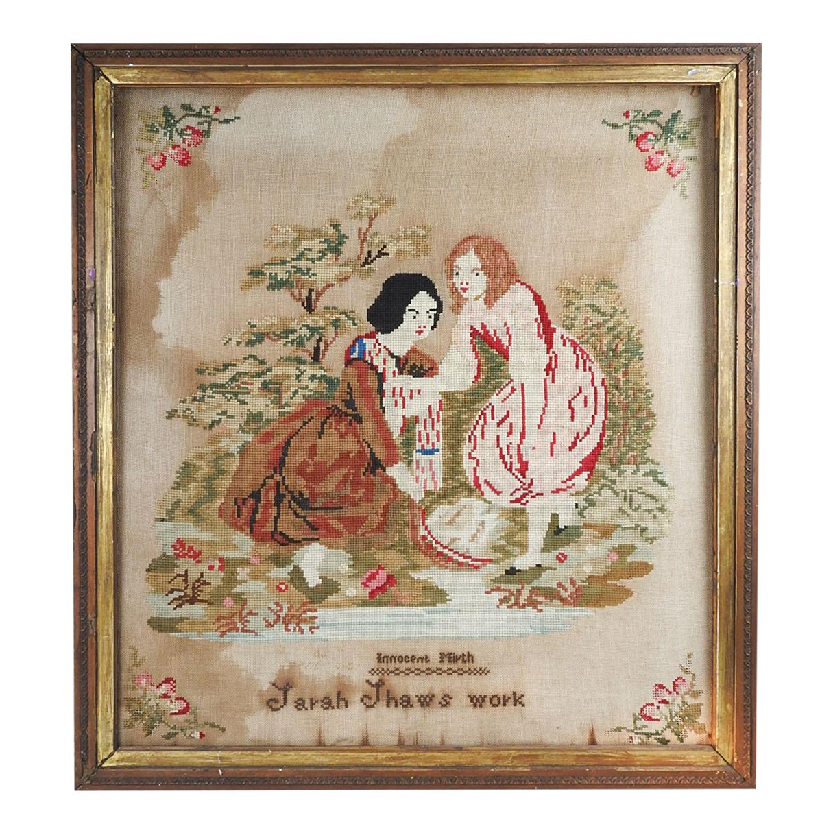 Antique Victorian Needlework Embroidery Girls at Stream | Chairish