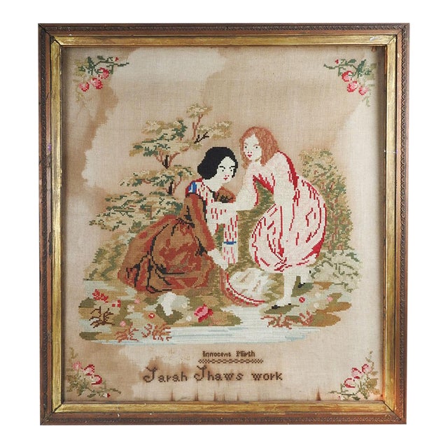Antique Victorian Needlework Embroidery Girls at Stream | Chairish