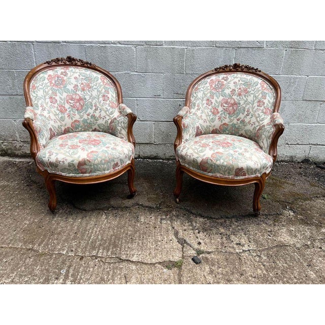 Mid 20th Century Pair Victorian Rococo Style Walnut Carved Upholstered ...