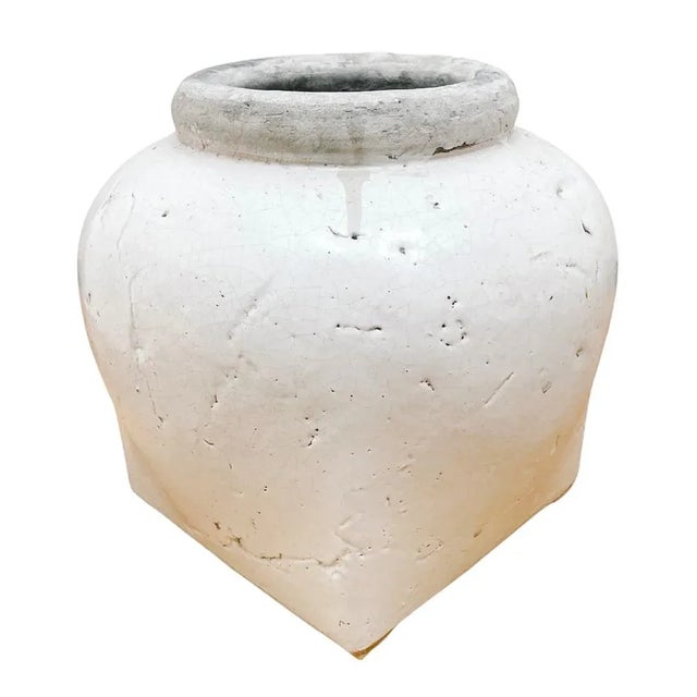 White Distressed Glazed Clay Vases - a Pair | Chairish