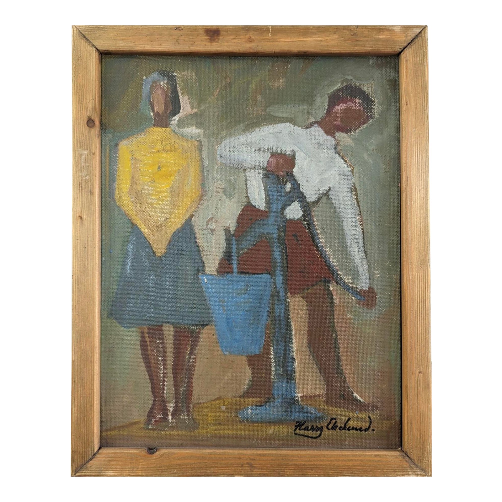 Mid-Century Modern "By the Water Pump" Vintage Figurative Oil Painting ...