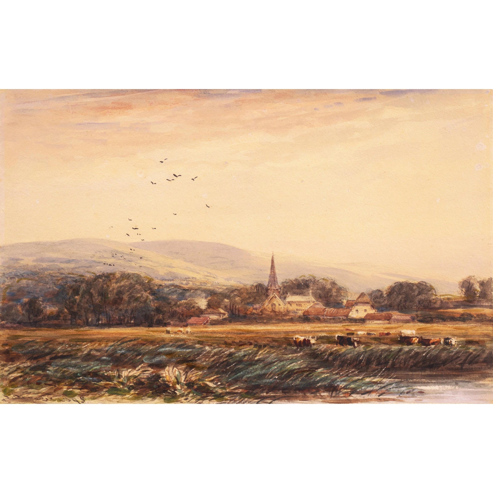 'Village With Church Spire' by James Orrock, 1845; English Watercolor ...