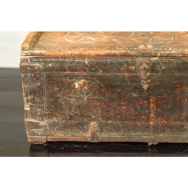 Indian Antique Wooden Dowry Box with Geometric Motifs and Weathered ...
