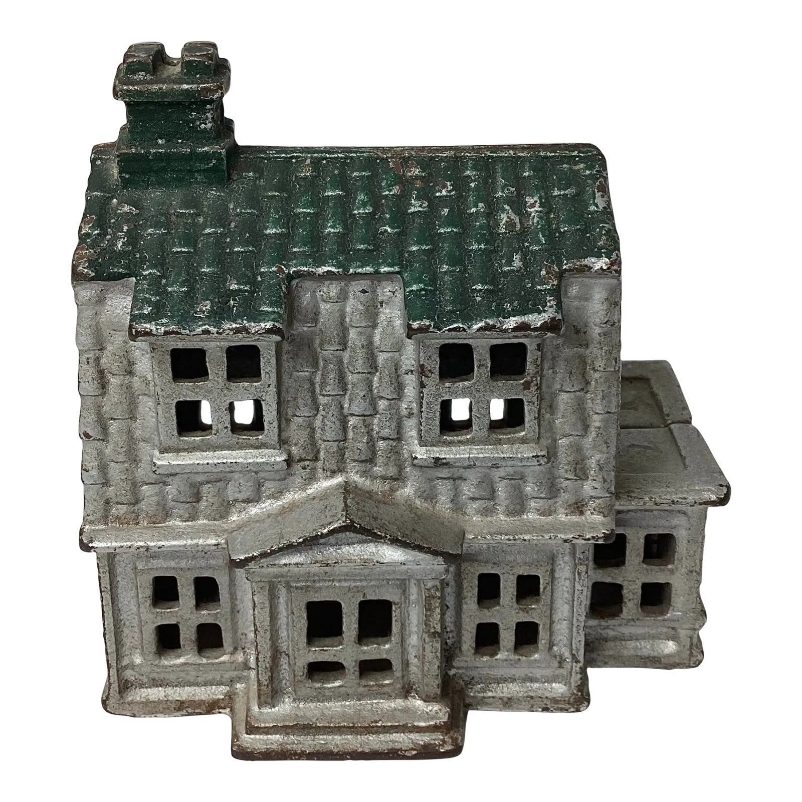 Antique Cast Iron House, Porch, Chimney Still Coin Bank Building Silver ...