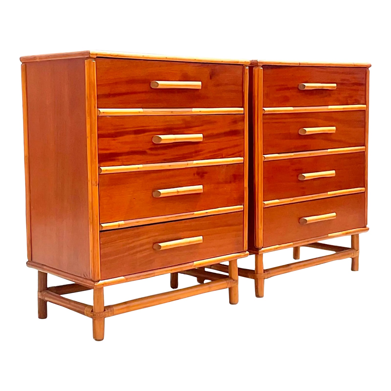 Vintage Coastal Trellis Rattan Mahogany Tall Chests - a Pair | Chairish