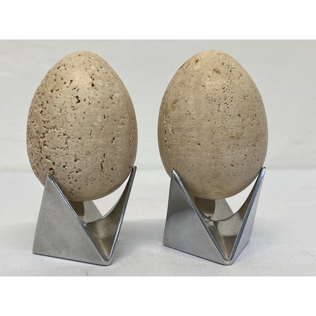 Mid-Century Travertine Egg Sculptures Atop Alessi Roost Egg Cups - a ...