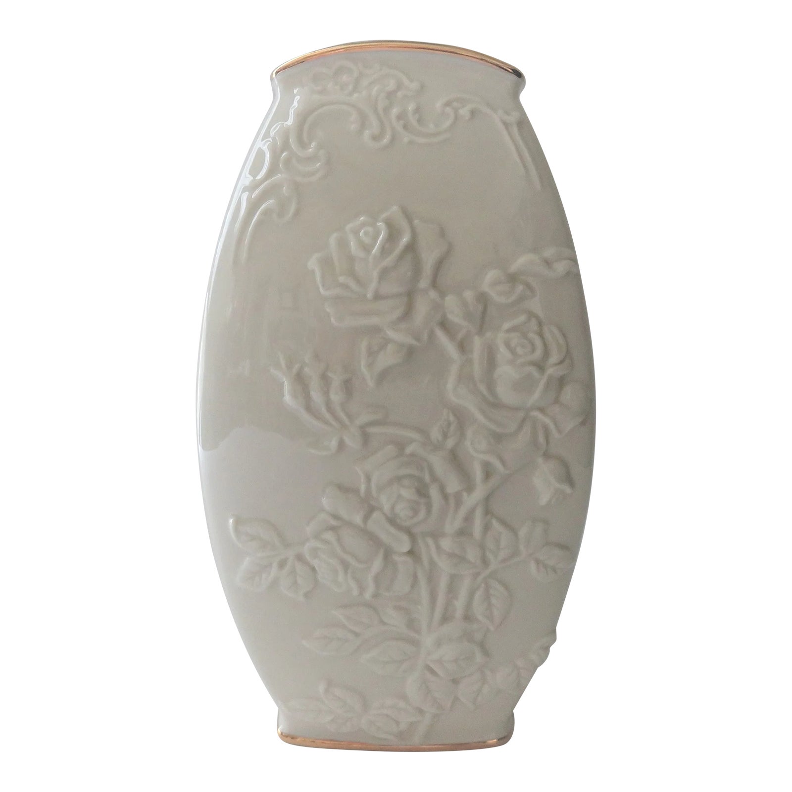 Early 21st Century Lenox Rose Vase Ivory With Gold Trim Rose 3-D Design ...