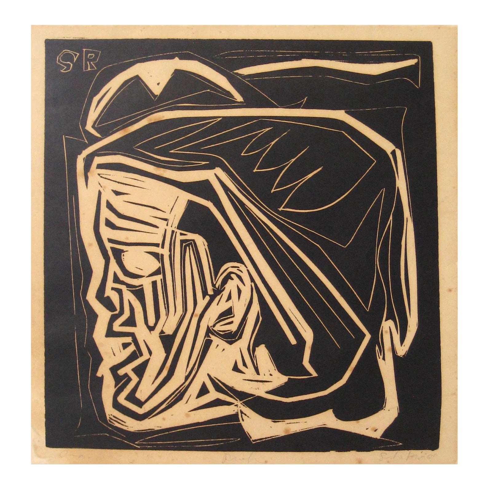 Linear Side Profile 20th Century Linoleum Block Print | Chairish