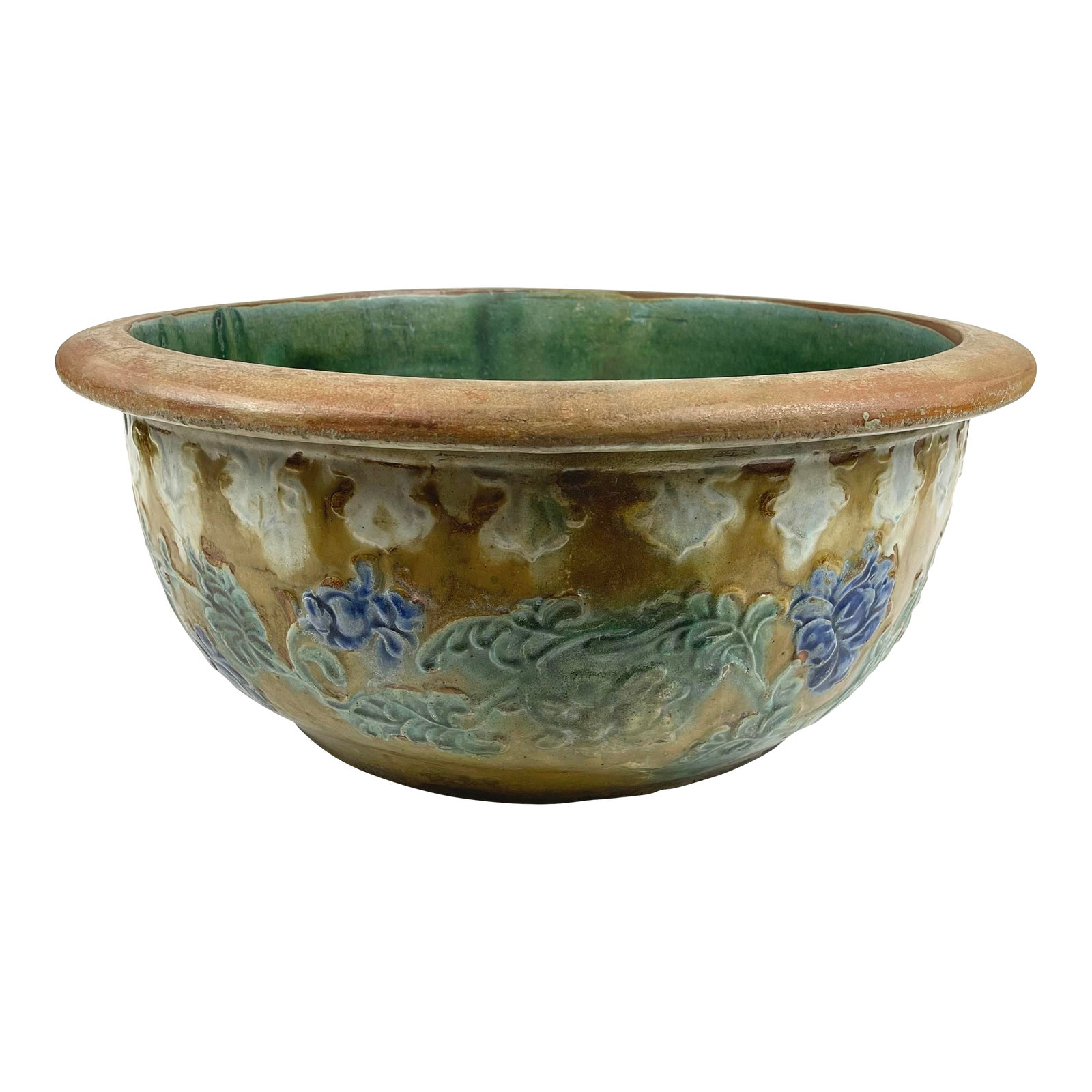 19th Century Shiwan Ware Large Bowl With Floral Relief | Chairish