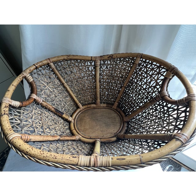 Vintage Tortoiseshell Bamboo and Woven Rattan Basket | Chairish