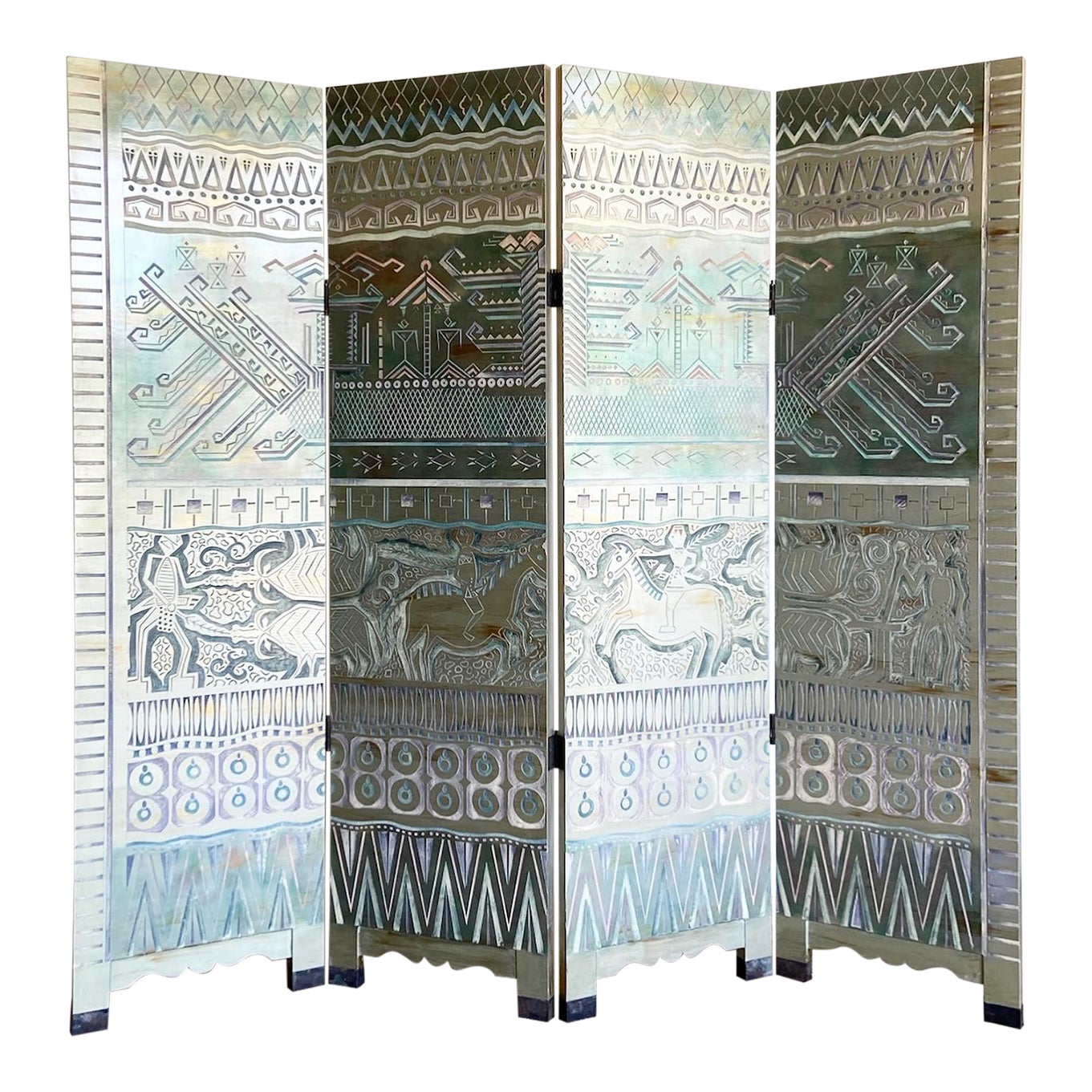 Chinese Hand Carved and Painted Native Tribal Room Divider - 4 Panels ...