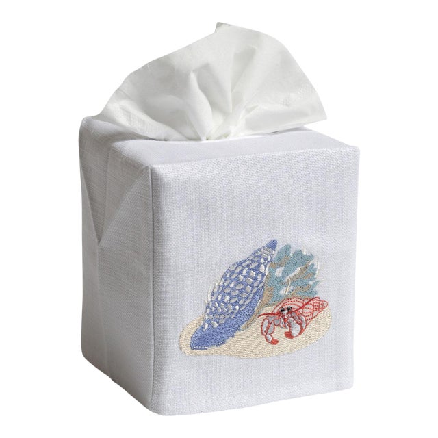 The Beach Tissue Box Cover in White Linen & Cotton, Embroidered | Chairish