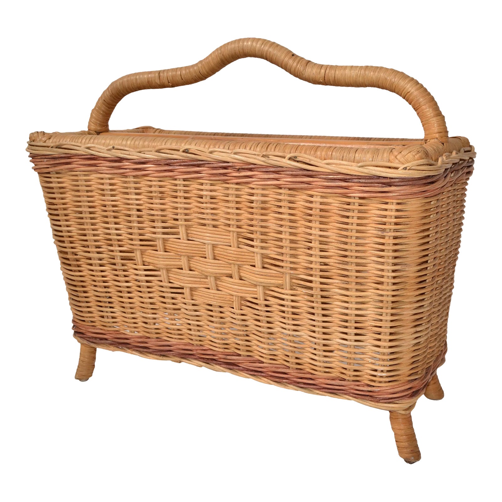 1960 Rattan Bamboo Handwoven Magazine Rack Newspaper Basket | Chairish