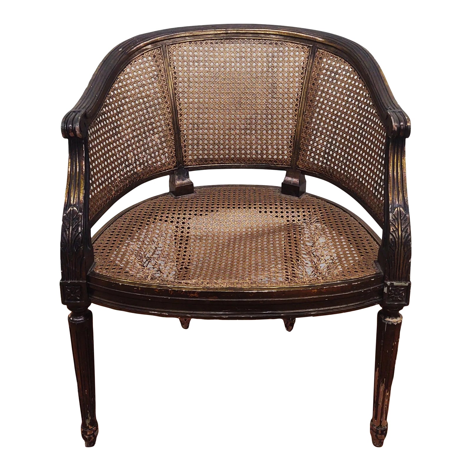 Early 20th Century Vintage French Walnut Cane Barrel Back Chair | Chairish