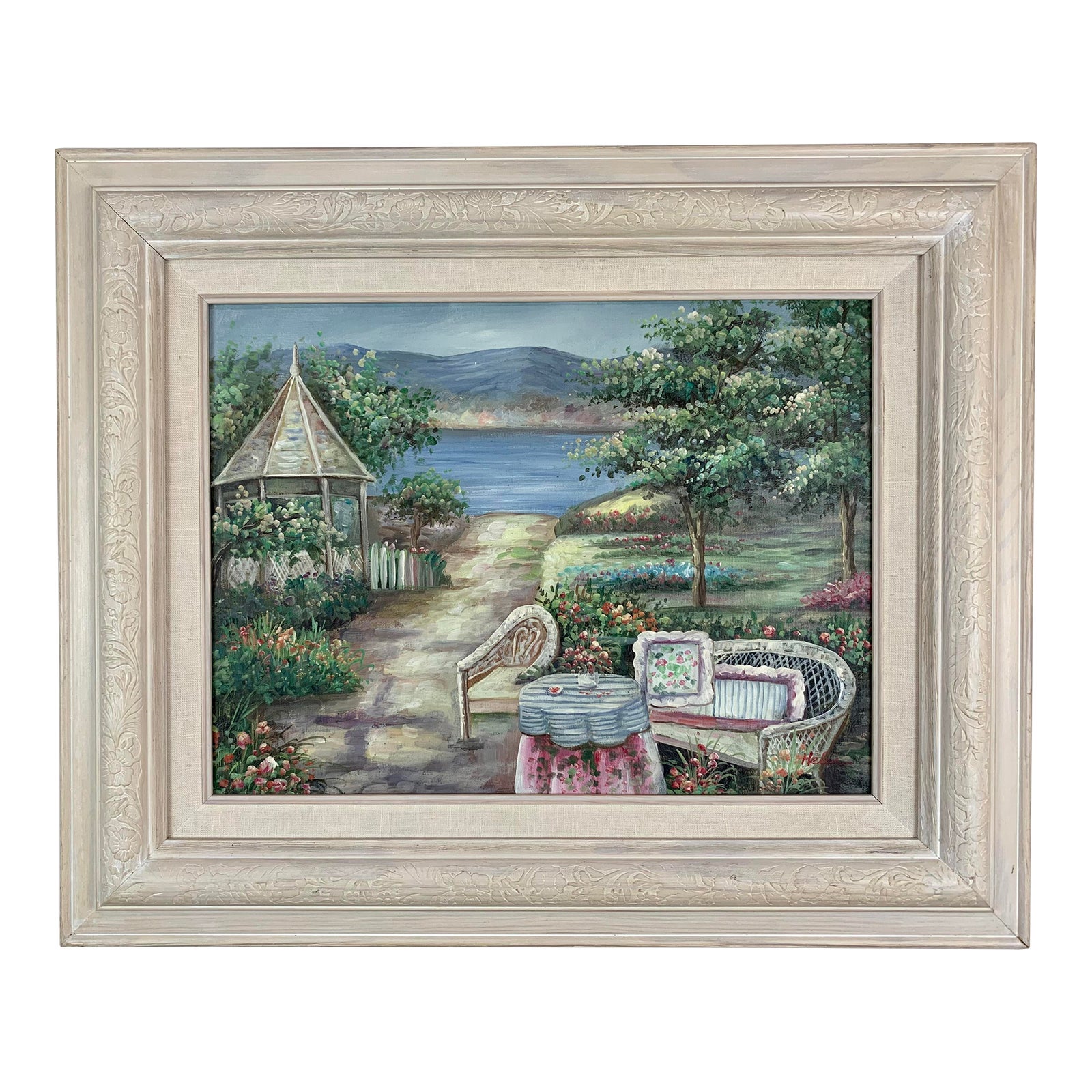 1982 Garden Seascape Oil Painting, Cerused Oak Frame | Chairish