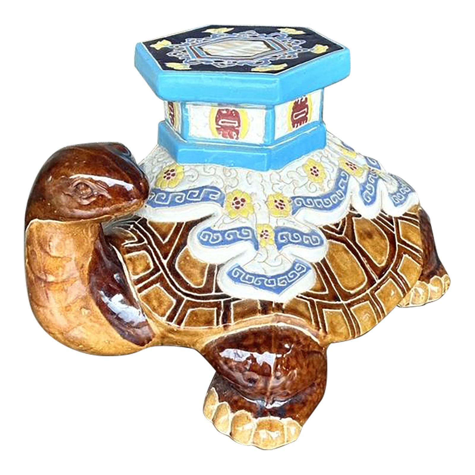 Vintage Boho Glazed Ceramic Turtle Low Stool | Chairish