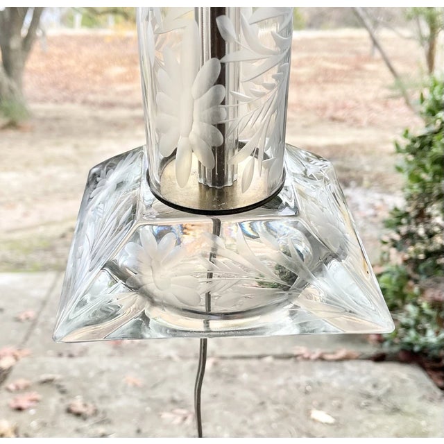 1940s Vintage Etched Cut Floral Flower Glass Cylinder Brass Table Lamp ...
