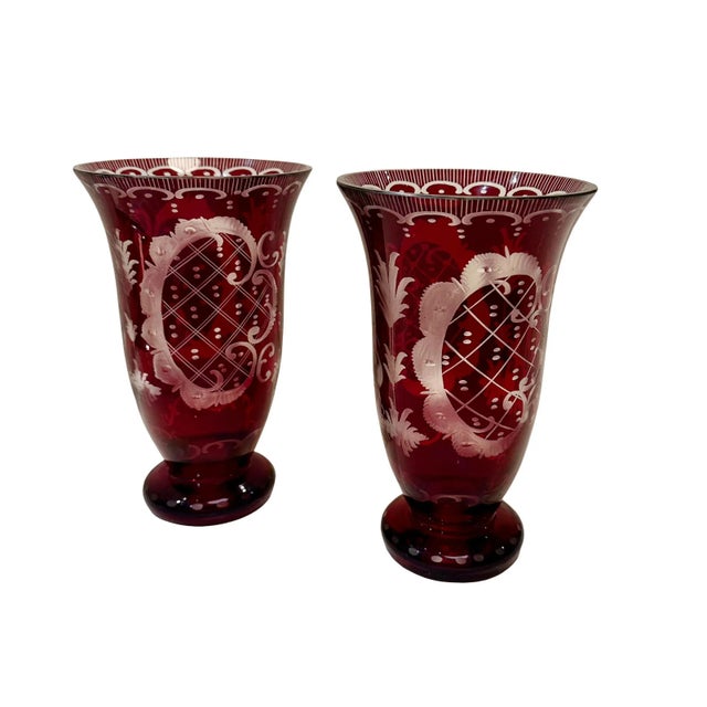 Bohemian Ruby Red Vases - a Pair | Chairish