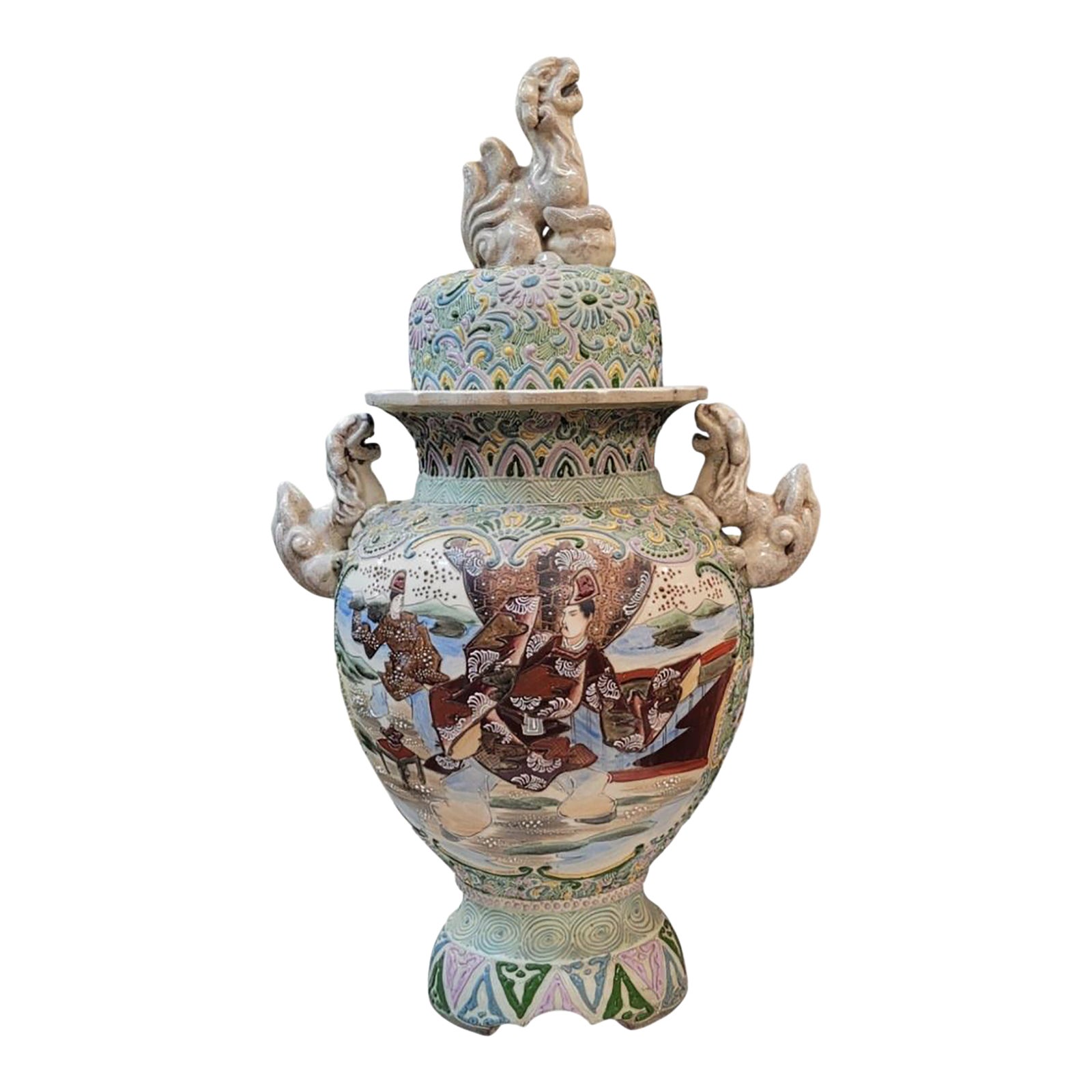 Large Antique Satsuma Covered Foo Dog Urn | Chairish